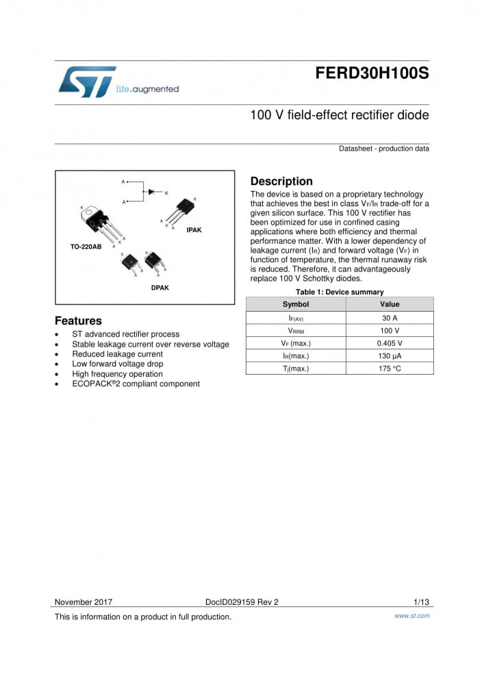 FERD30H100SB-TR datasheet page 1