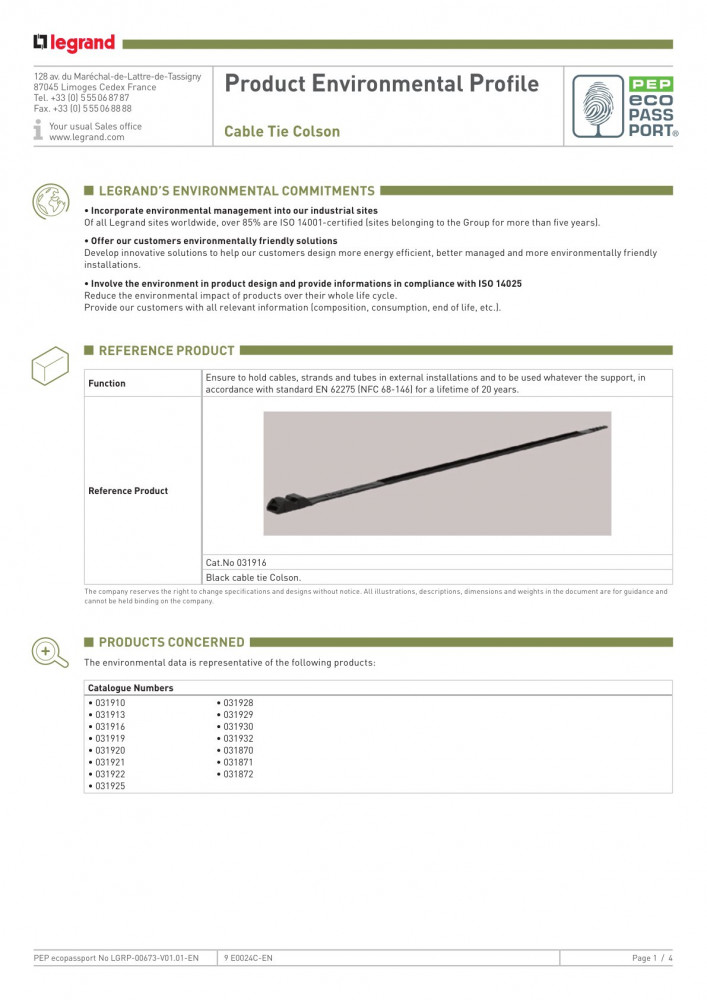 Legrand Colson cable tie document, page 1