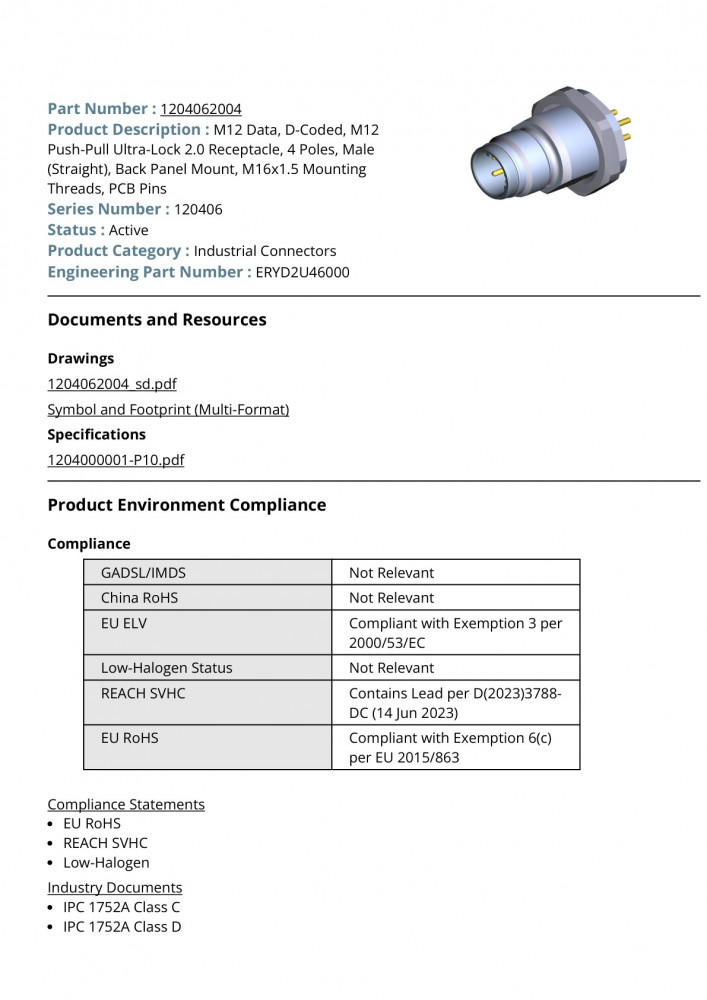 Molex Ultra Lock M12 product specification page 1