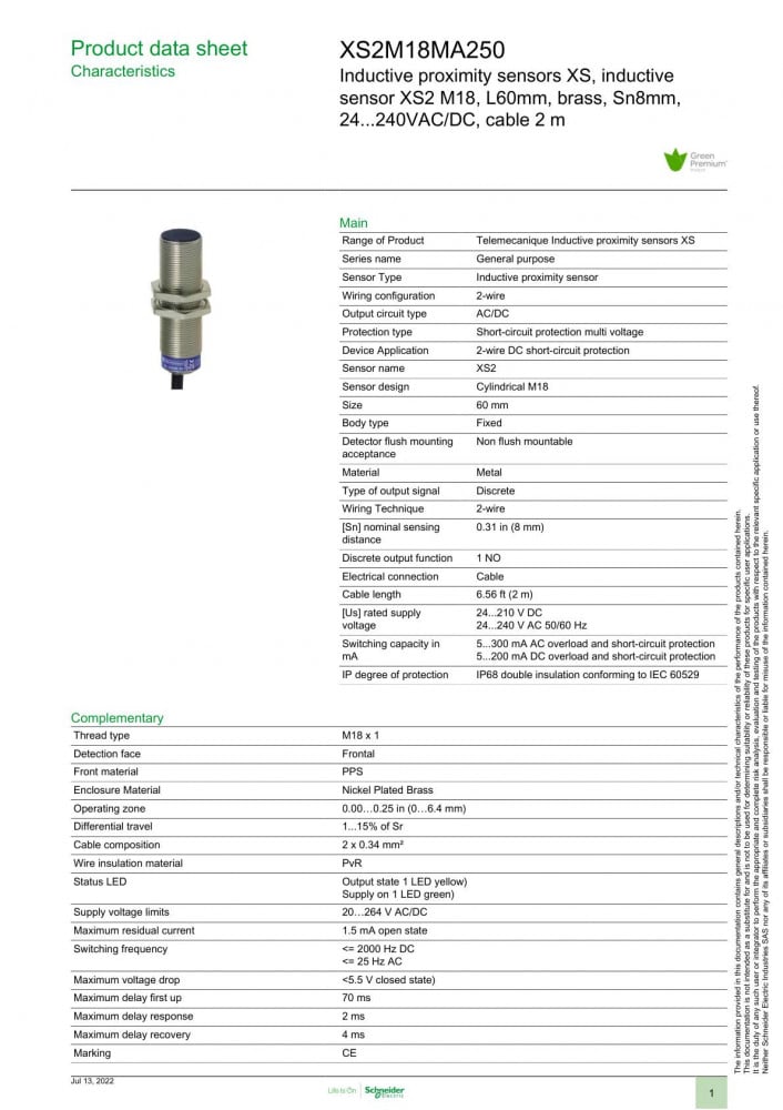 XS2M18MA250 technical document page 1