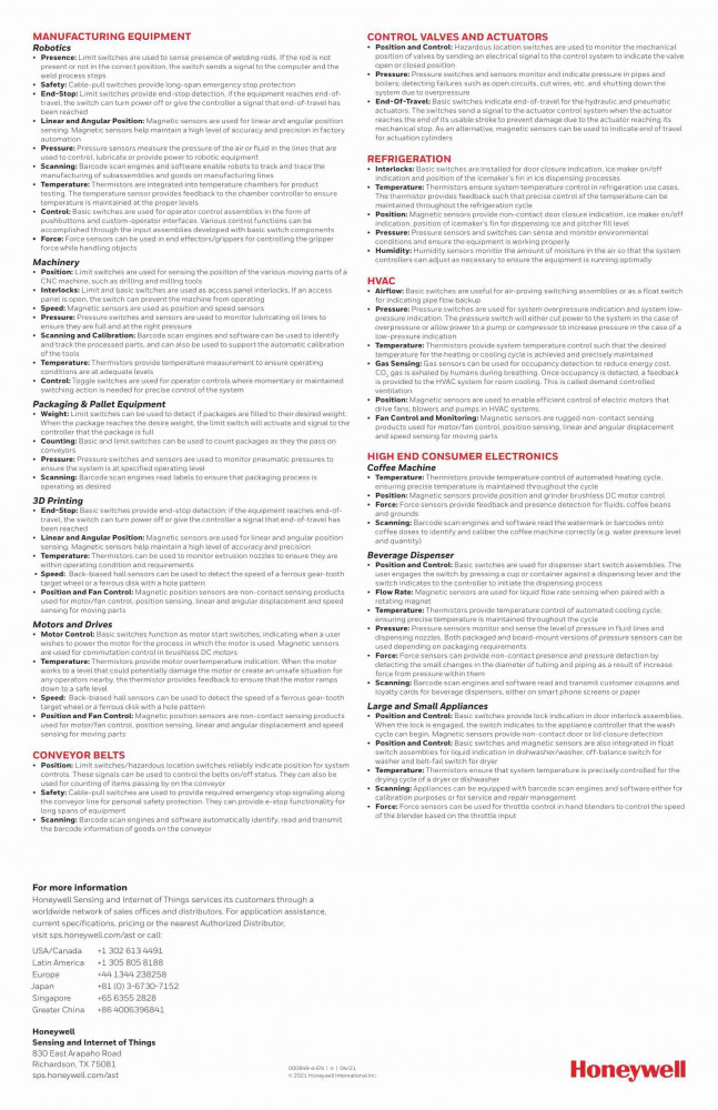Honeywell industrial switches and sensors document page 2