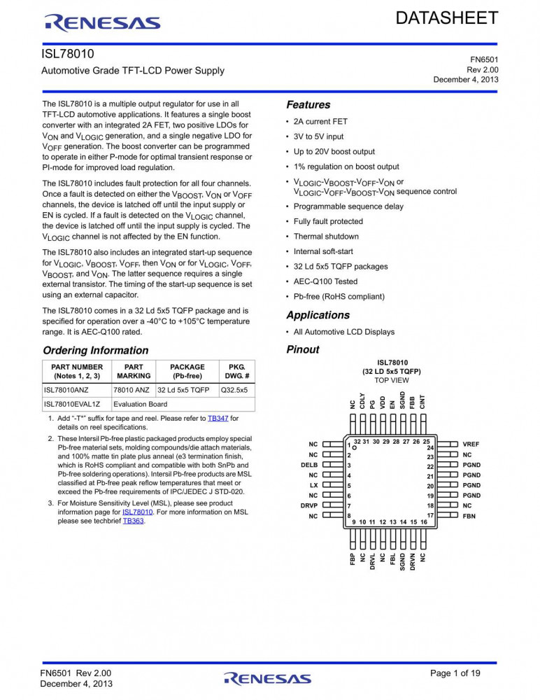 ISL78010ANZ datasheet page 1