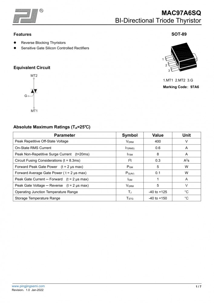 MAC97A6SQ datasheet page 1