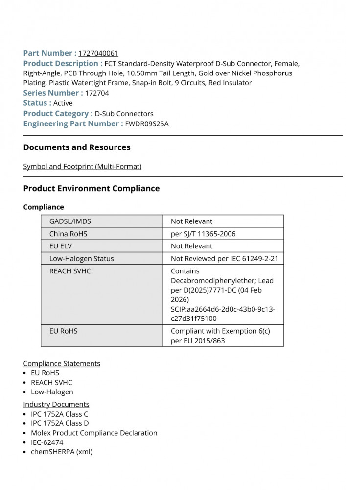 MOLEX 1727040061 technical document page 1