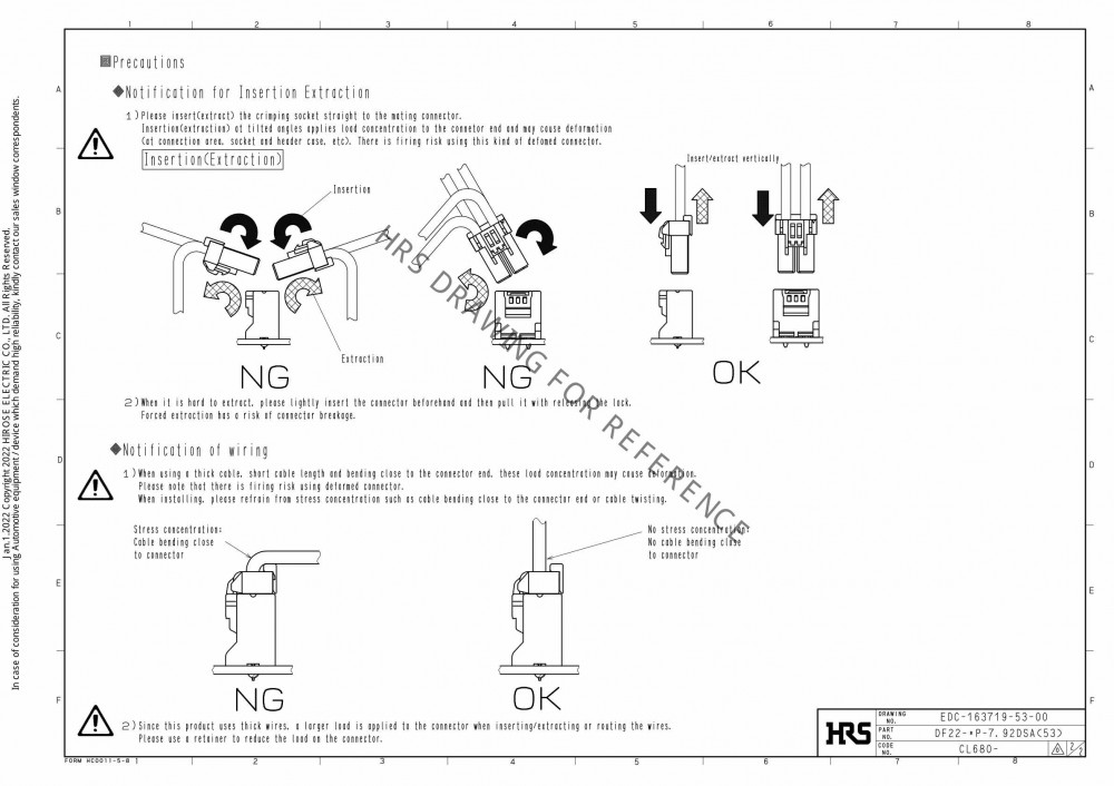 HRS DF22 connector insertion, extraction and wiring precautions