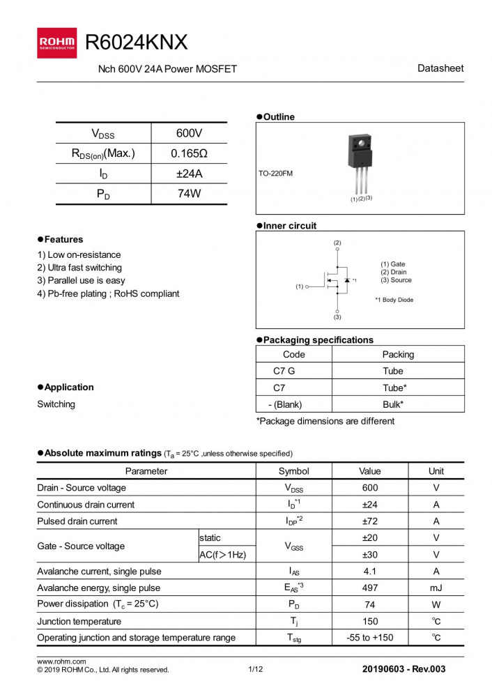 R6024KNXGZC7 datasheet page 1