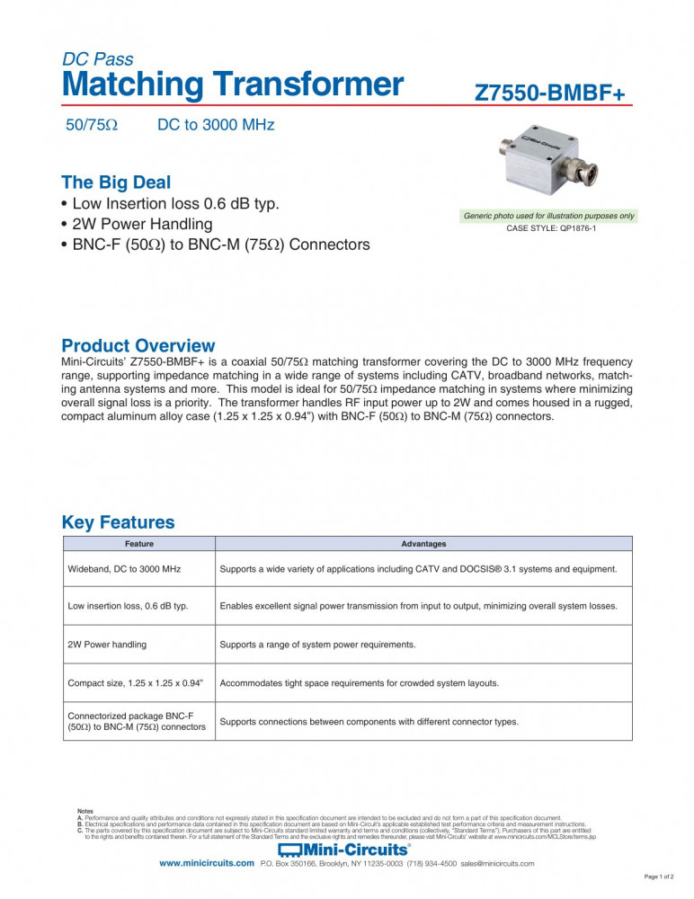 Mini-Circuits Z7550-BMBF+ technical document, page 1