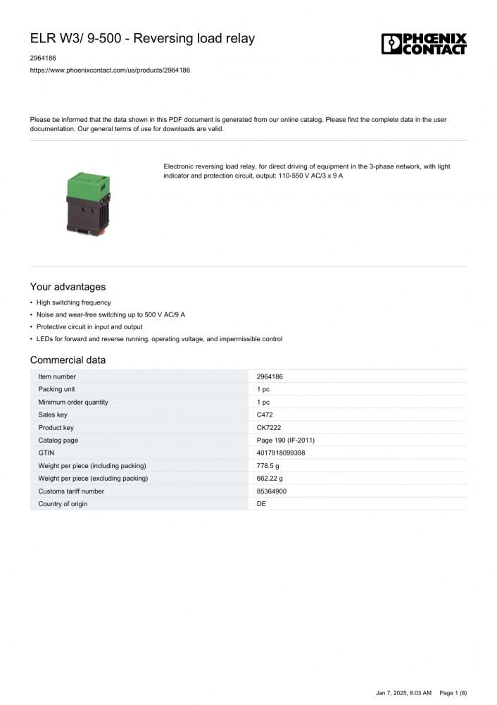 Phoenix Contact 2964186 technical document page 1