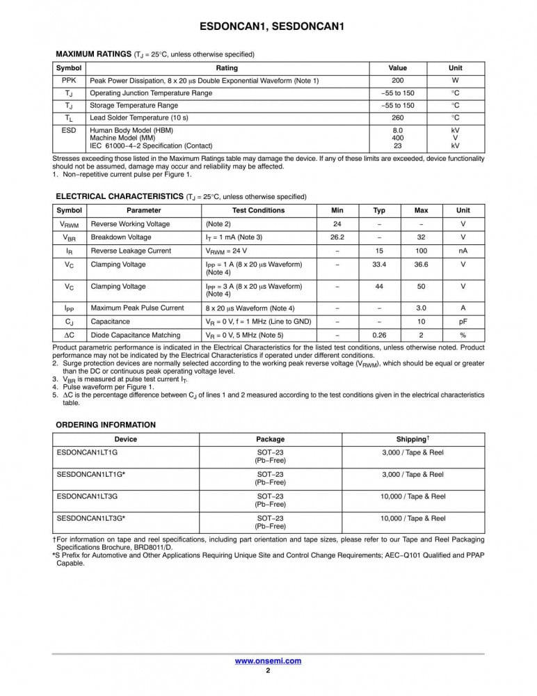 SESDONCAN1LT1G technical document page 2