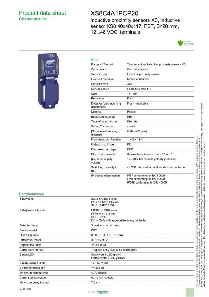 XS8C4A1PCP20 technical document page 1