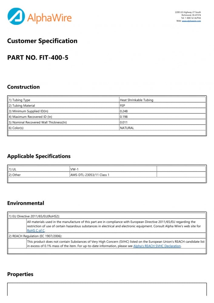 Alpha Wire F4005 NA112 technical document page 1