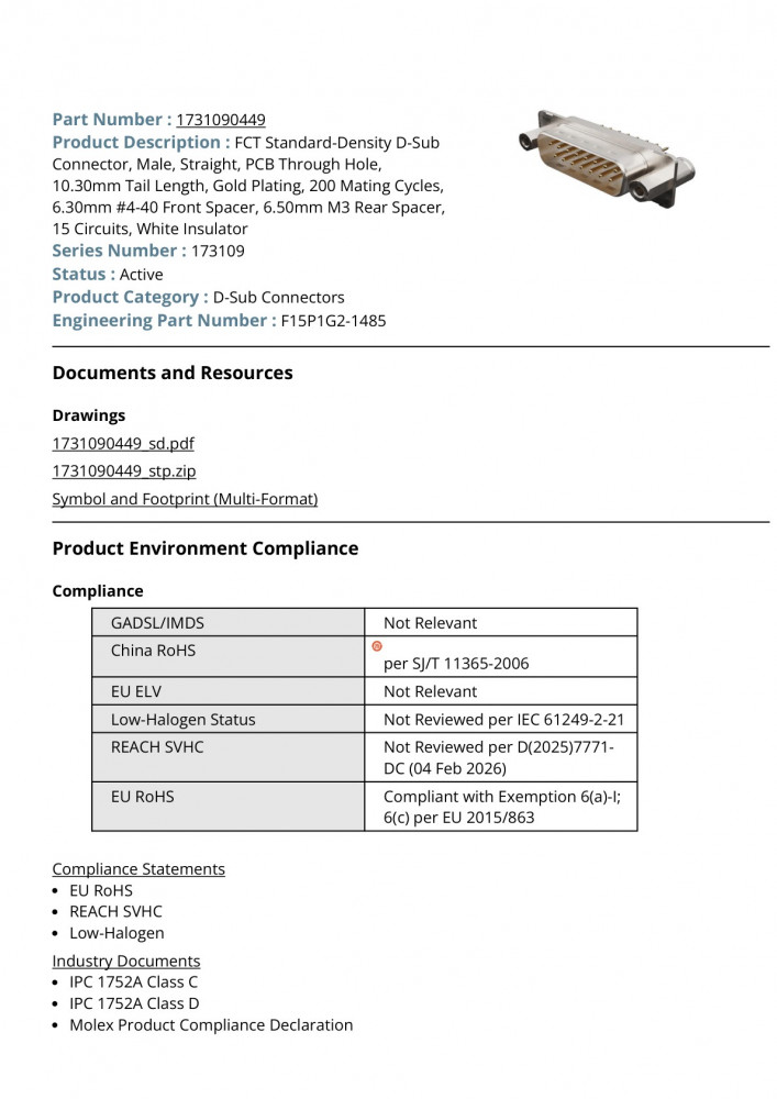 MOLEX 1731090449 technical document preview, page 1