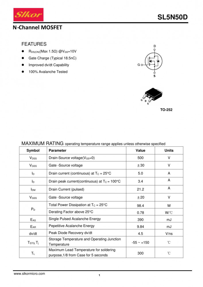 SL5N50D datasheet page 1