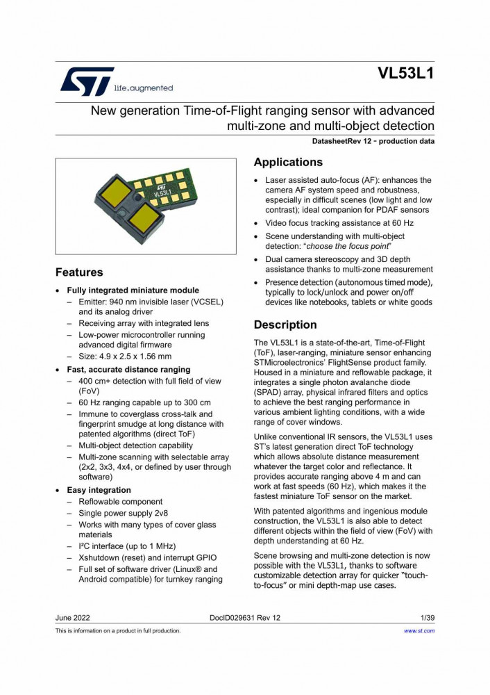 VL53L1CBV0FY/1 technical document page 1