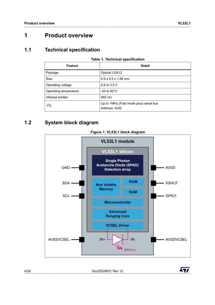VL53L1CBV0FY/1 technical document page 4