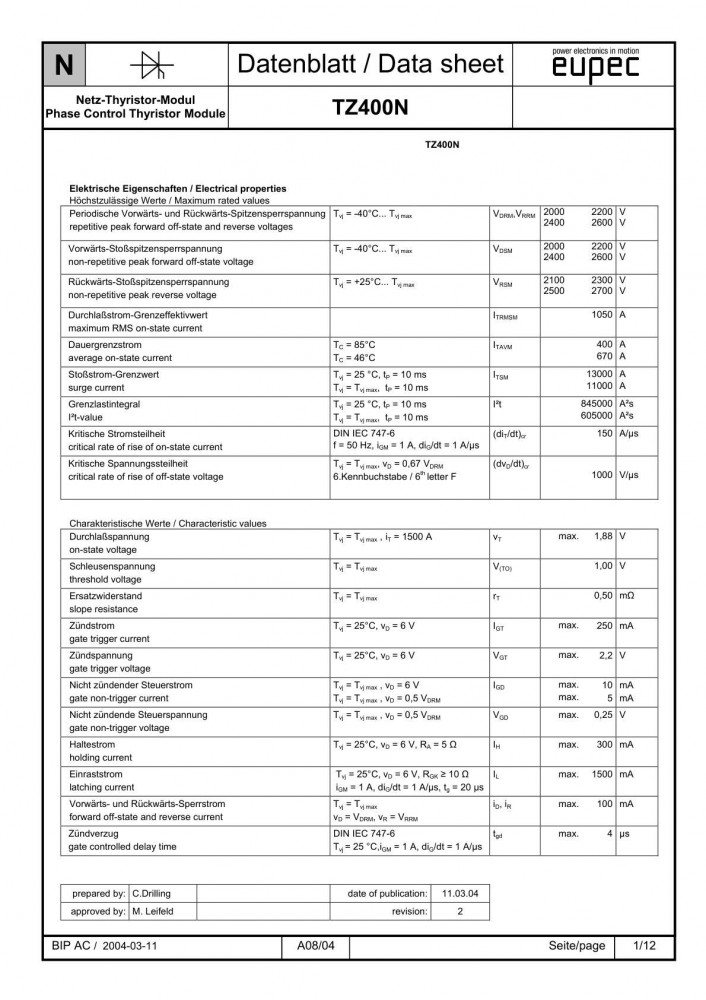 TZ400N26KOF datasheet page 1