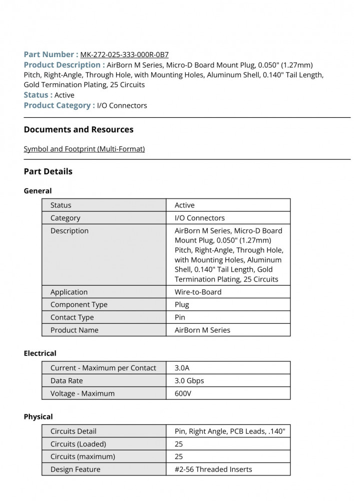Technical document page 1 for MK-272-025-333-000R-0B7