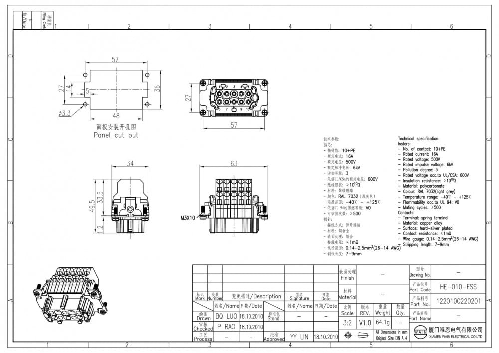 WAIN HE-010-FSS technical drawing and panel cut-out