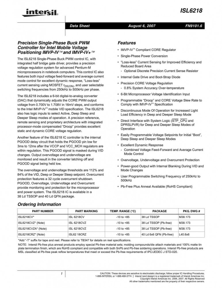 ISL6218CVZ datasheet page 1