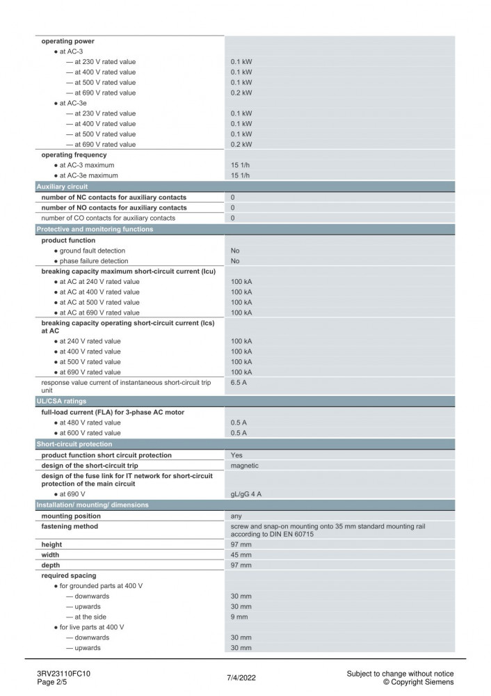 3RV23110FC10 technical document page 2