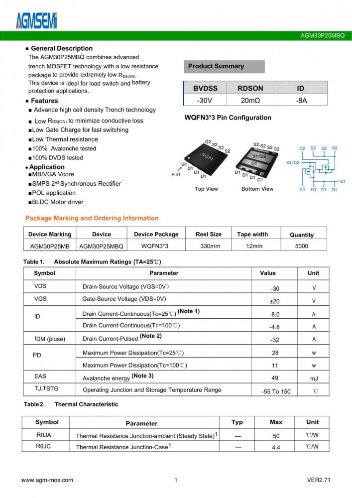 AGM30P25MBQ datasheet page 1