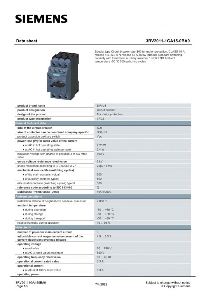 SIEMENS 3RV20111GA150BA0 datasheet page 1