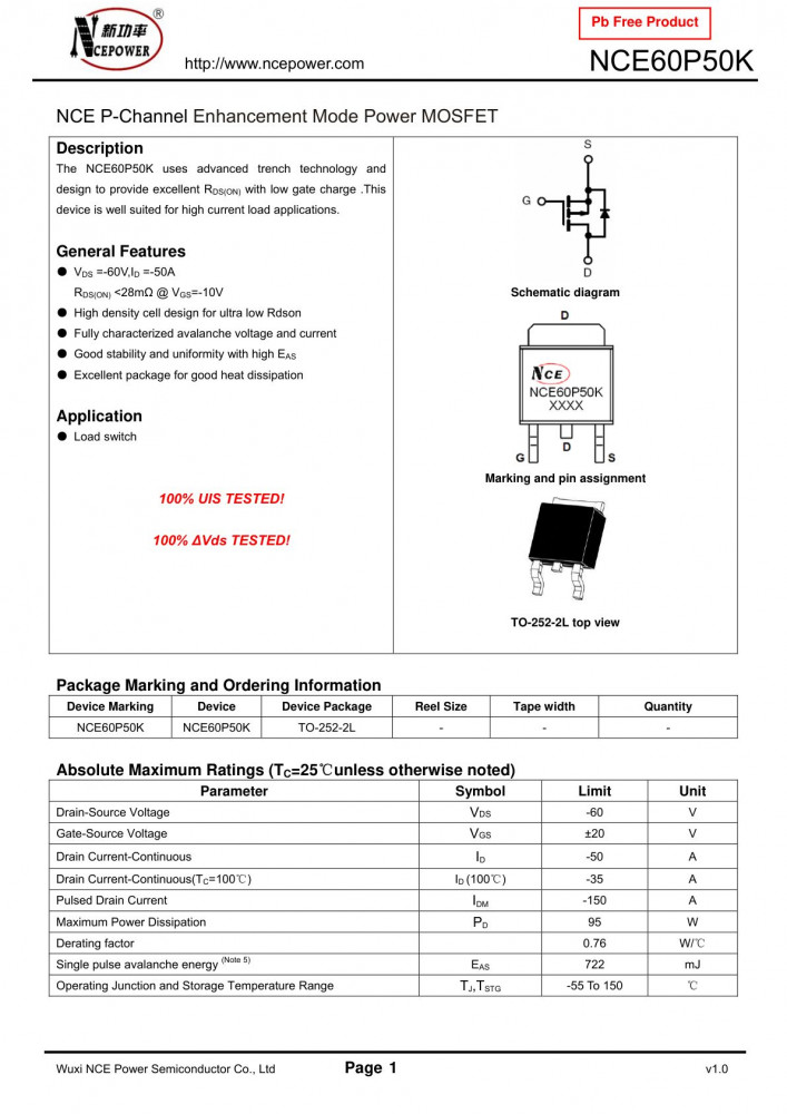 NCE60P50K datasheet page 1