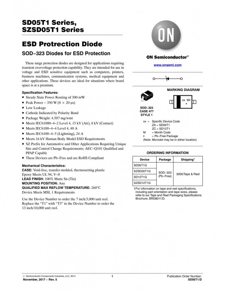 SD05T3G technical document page 1