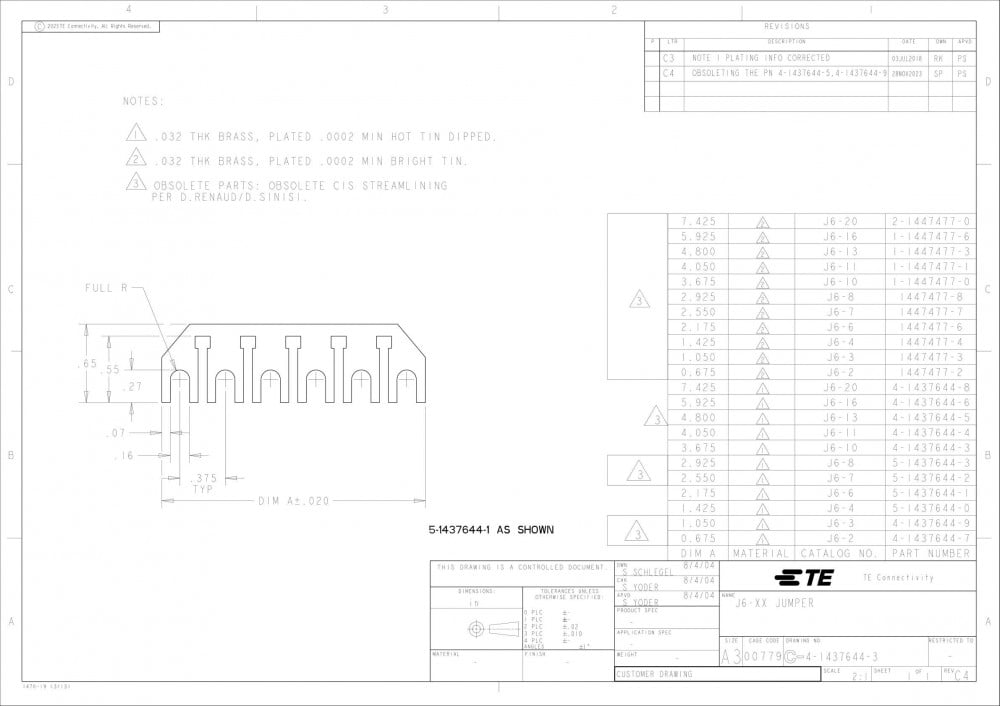TE Connectivity 4-1437644-7 controlled customer drawing preview