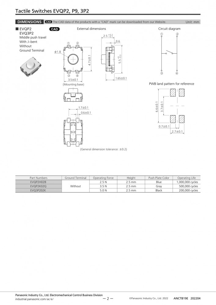 Panasonic tactile switch catalog page 3