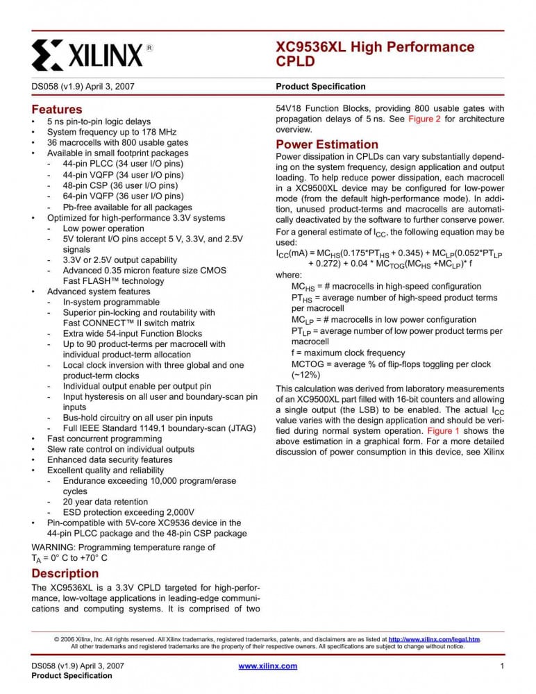 XC9536XL datasheet page 1