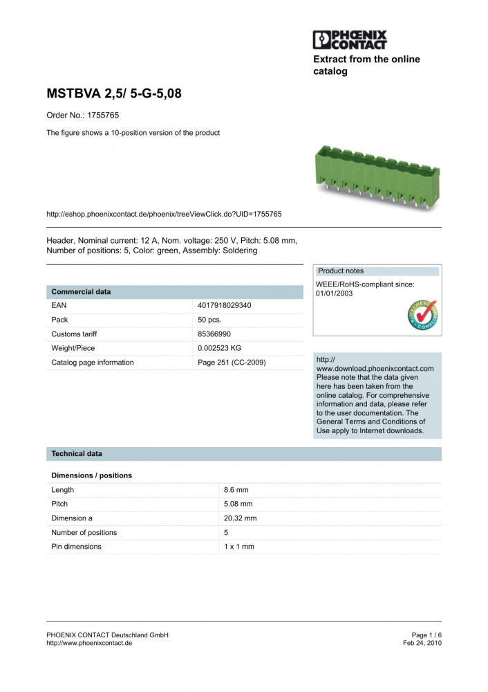 Phoenix Contact 1755765 catalog page 1