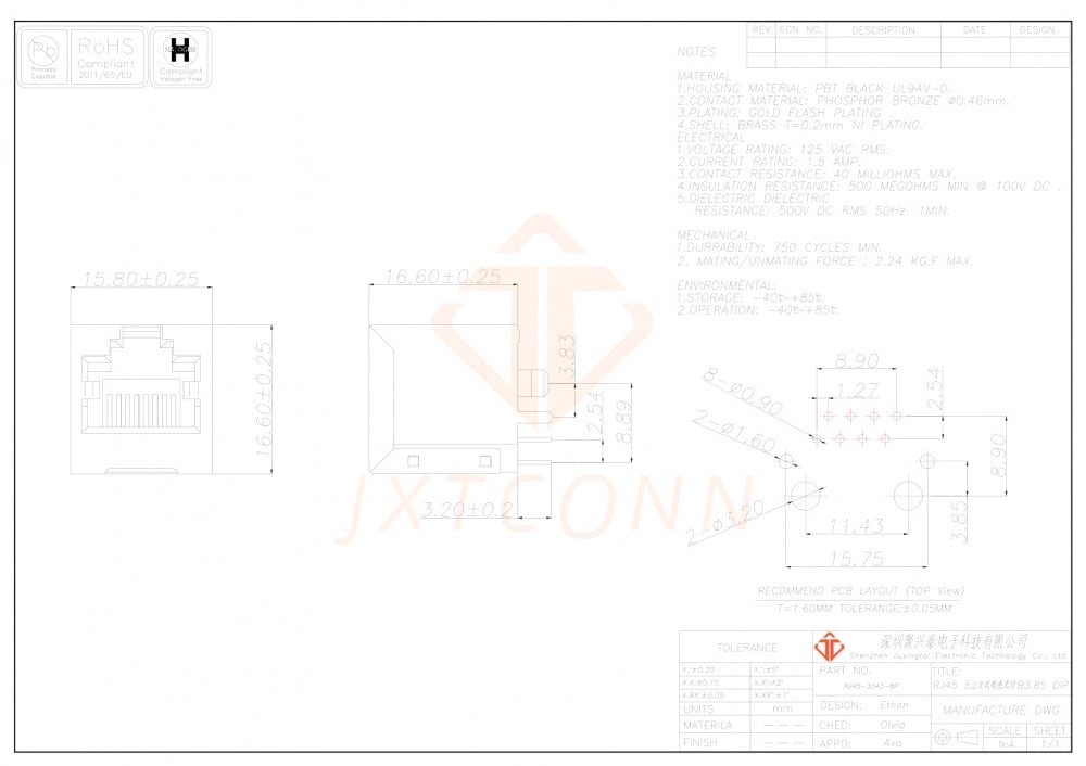 RJ45-3043-8P technical drawing and PCB layout