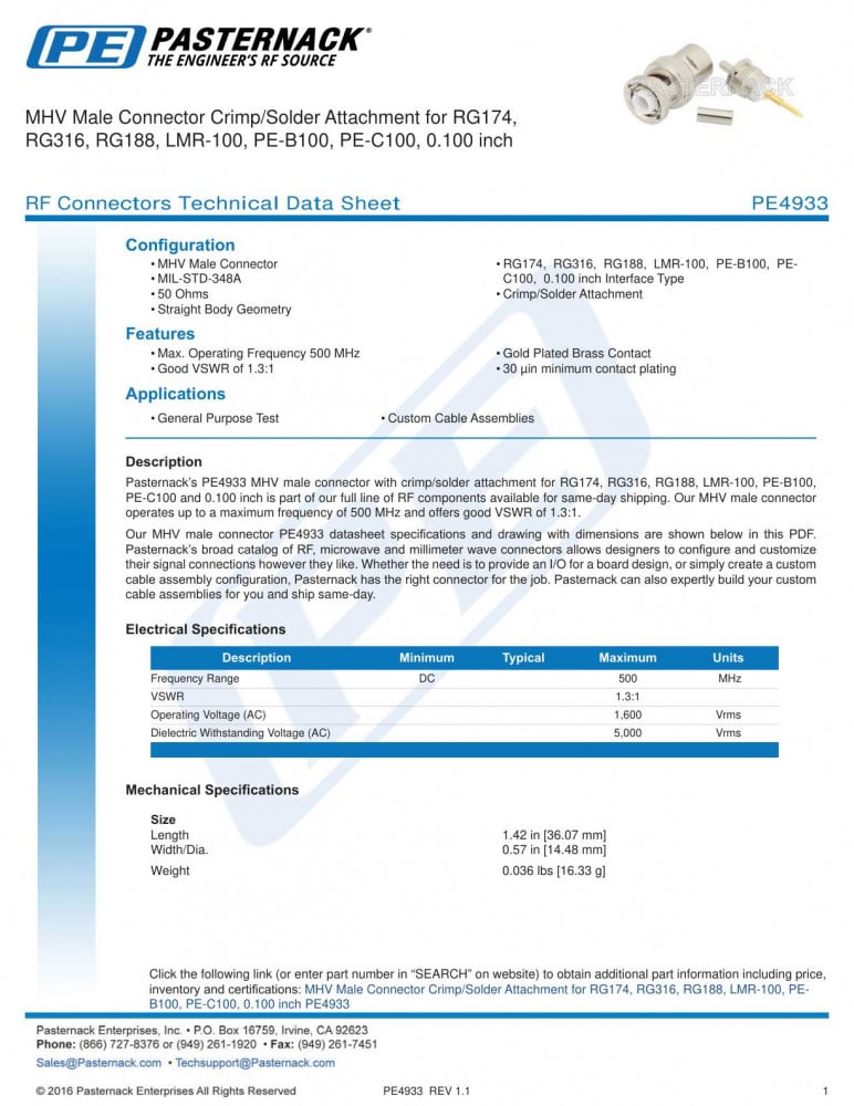 PASTERNACK PE4933 datasheet page 1