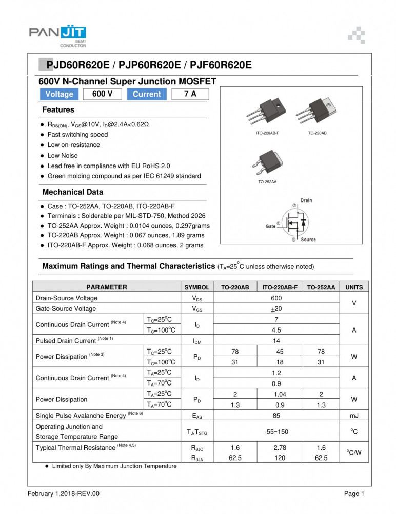 PANJIT PJD60R620E datasheet page 1