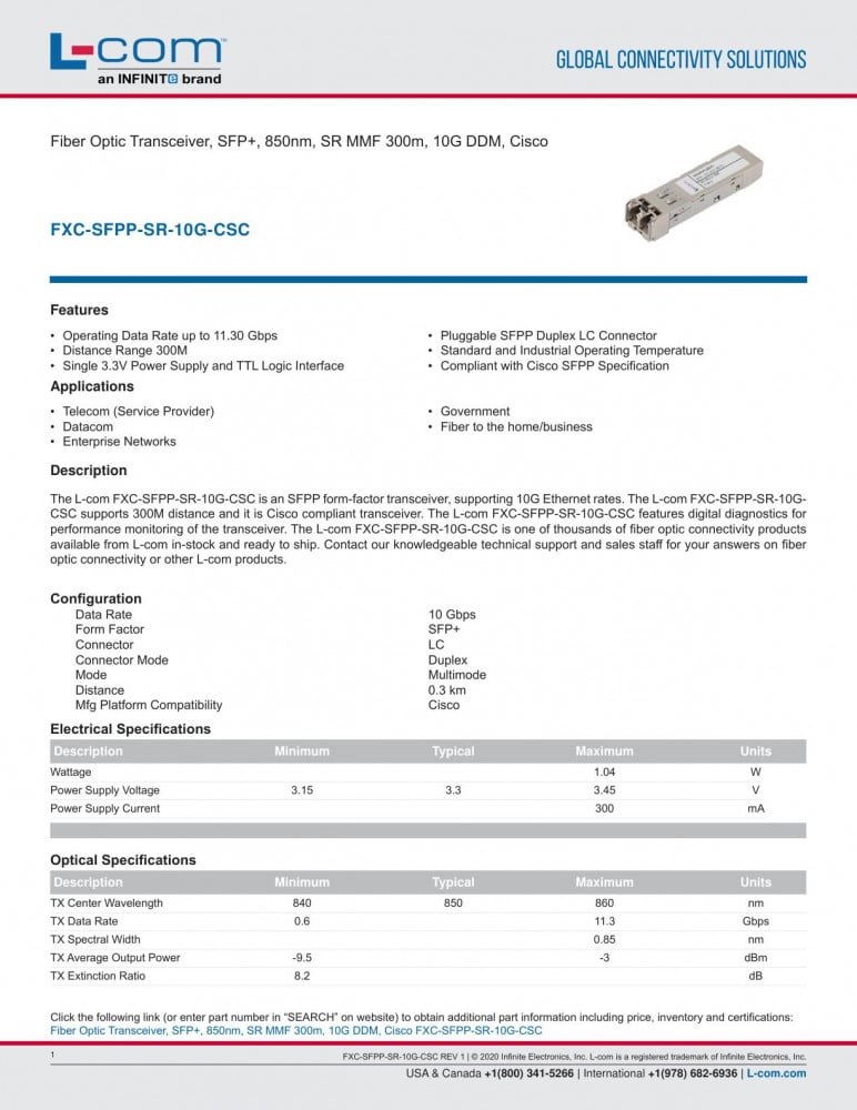 FXC-SFPP-SR-10G-CSC datasheet page 1