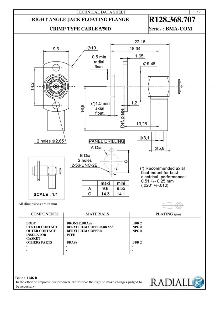Radiall R128.368.707 technical datasheet, page 1