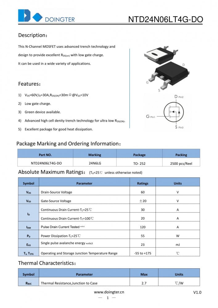NTD24N06LT4G-DO datasheet page 1