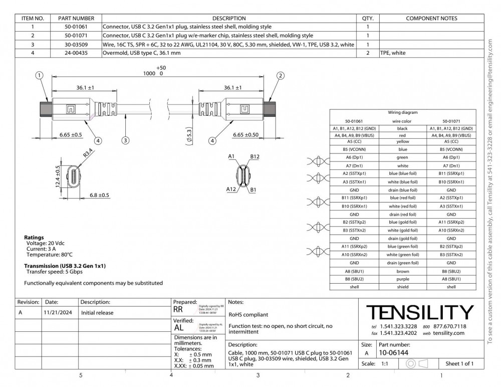Tensility 10-06144 USB-C cable assembly drawing
