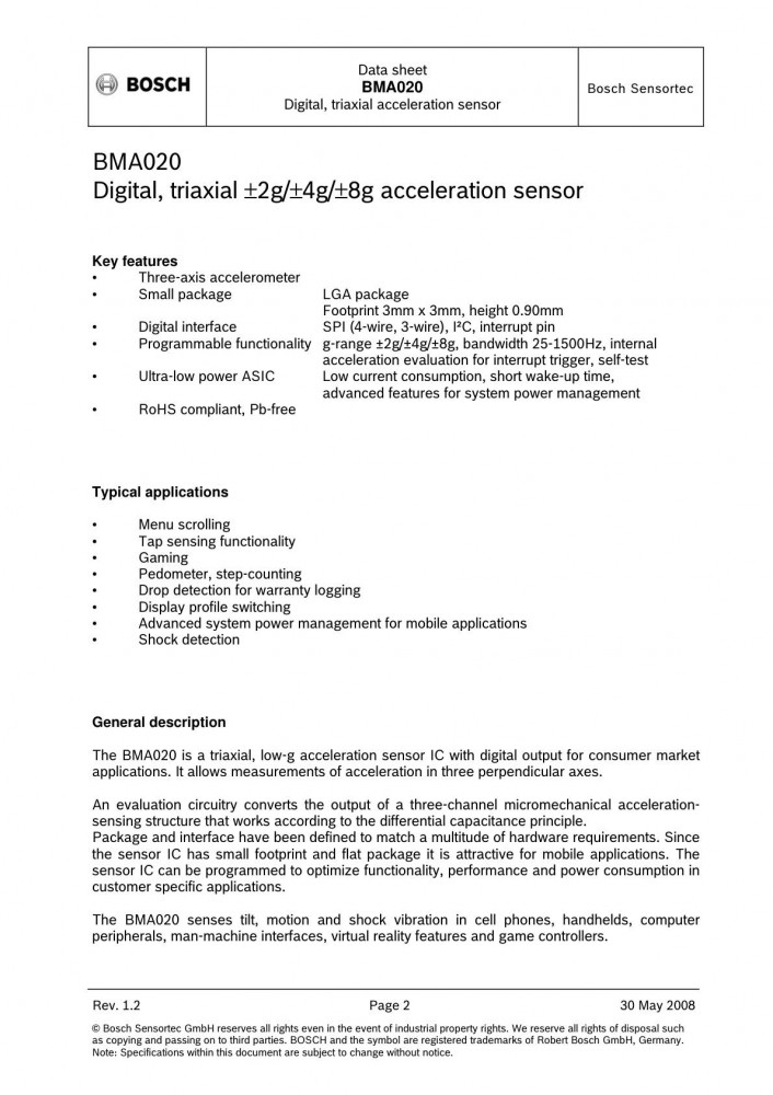 BMA020 datasheet page 2