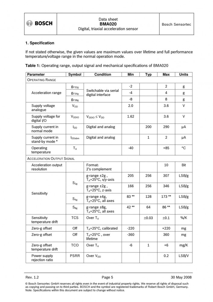 BMA020 datasheet page 5