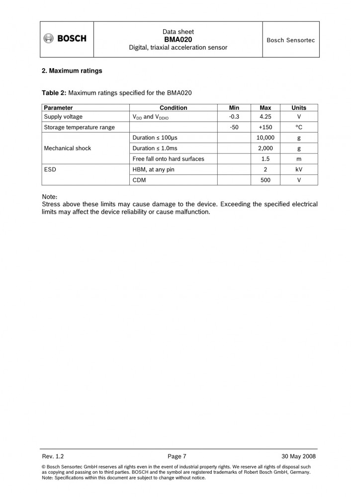 BMA020 datasheet page 7