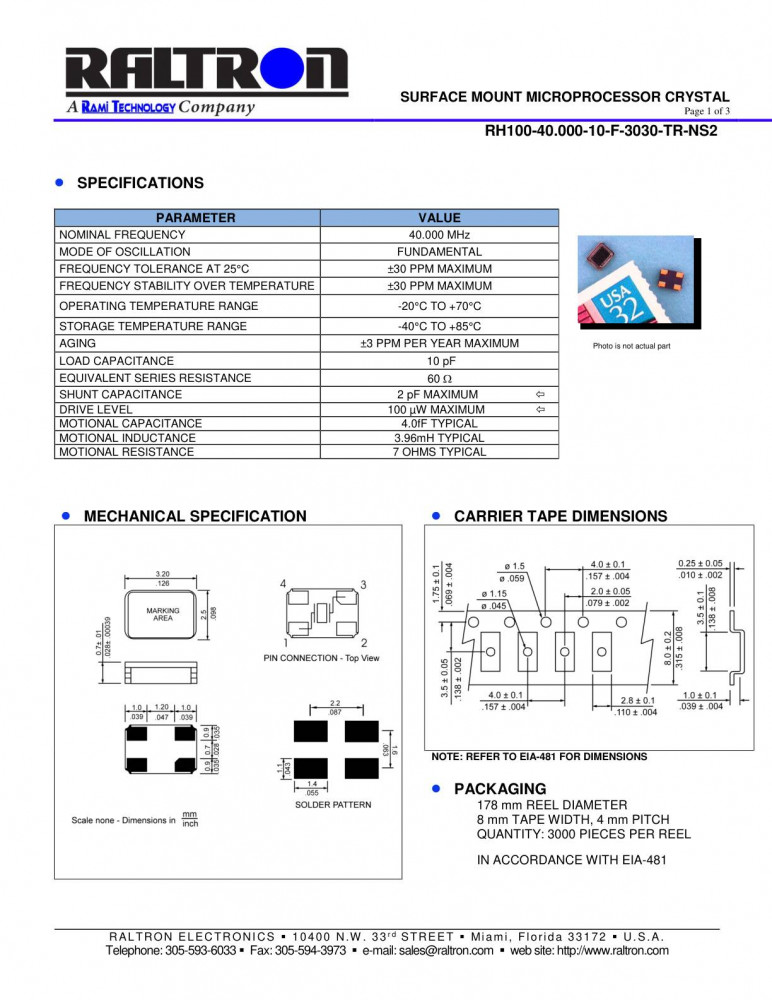 RH100 series specification page