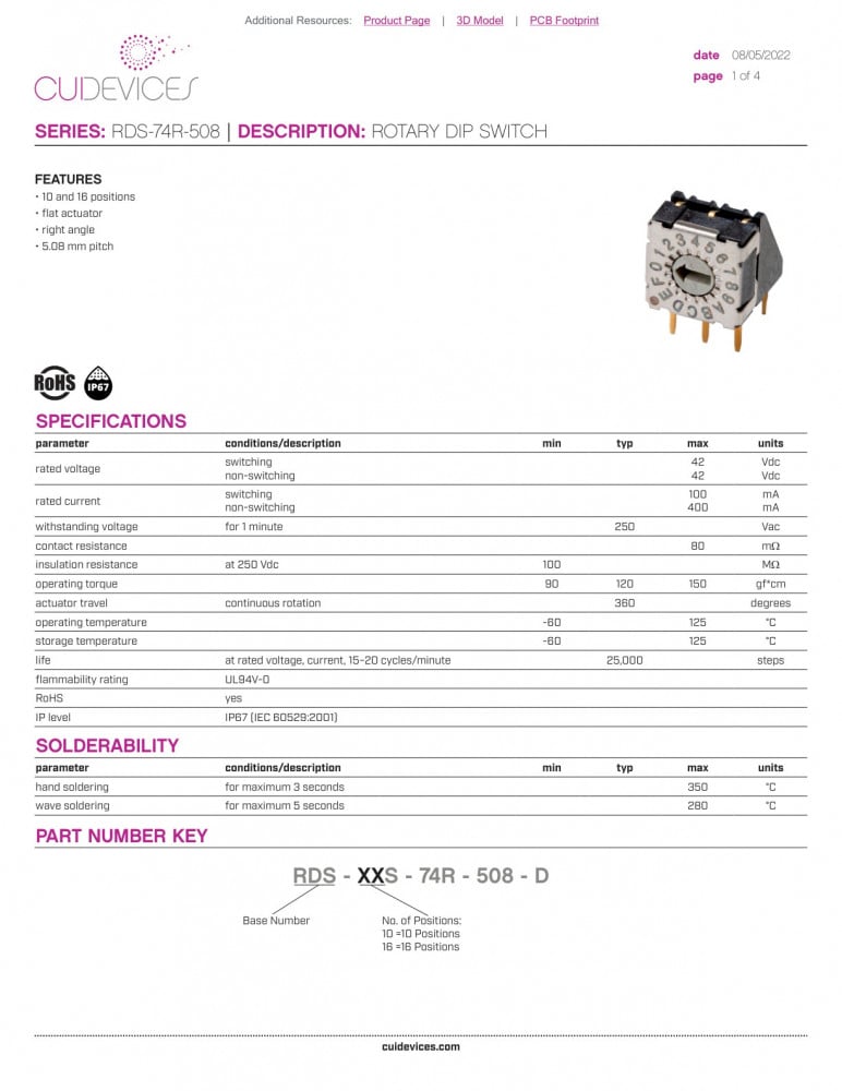 CUI RDS series datasheet page 1