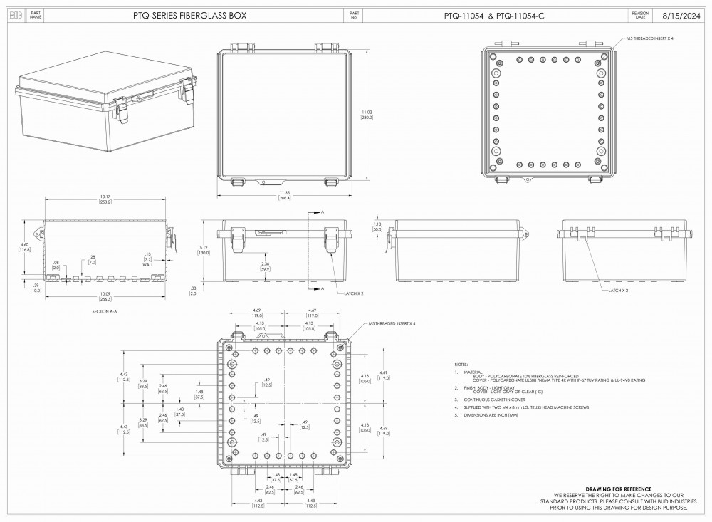 PTQ-11054-C enclosure technical drawing and product documentation
