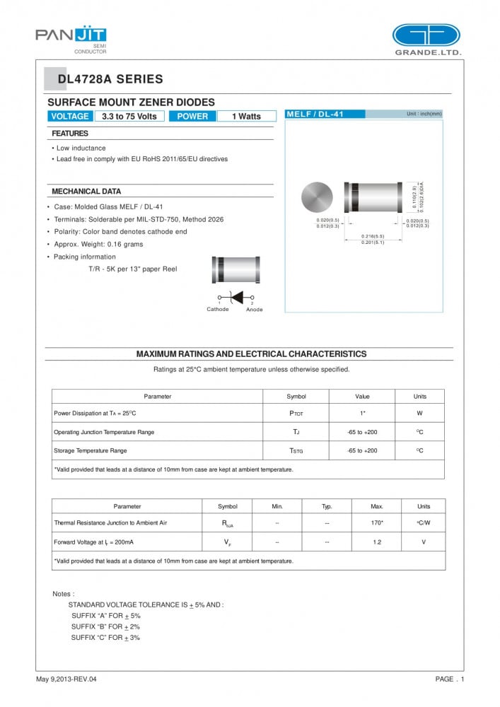 PANJIT DL4728A series datasheet page 1
