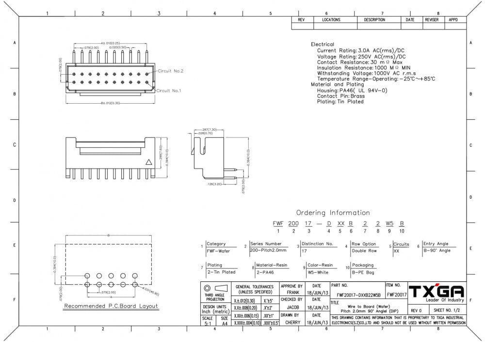 TXGA FWF20017-D40B22W5B technical drawing page 1