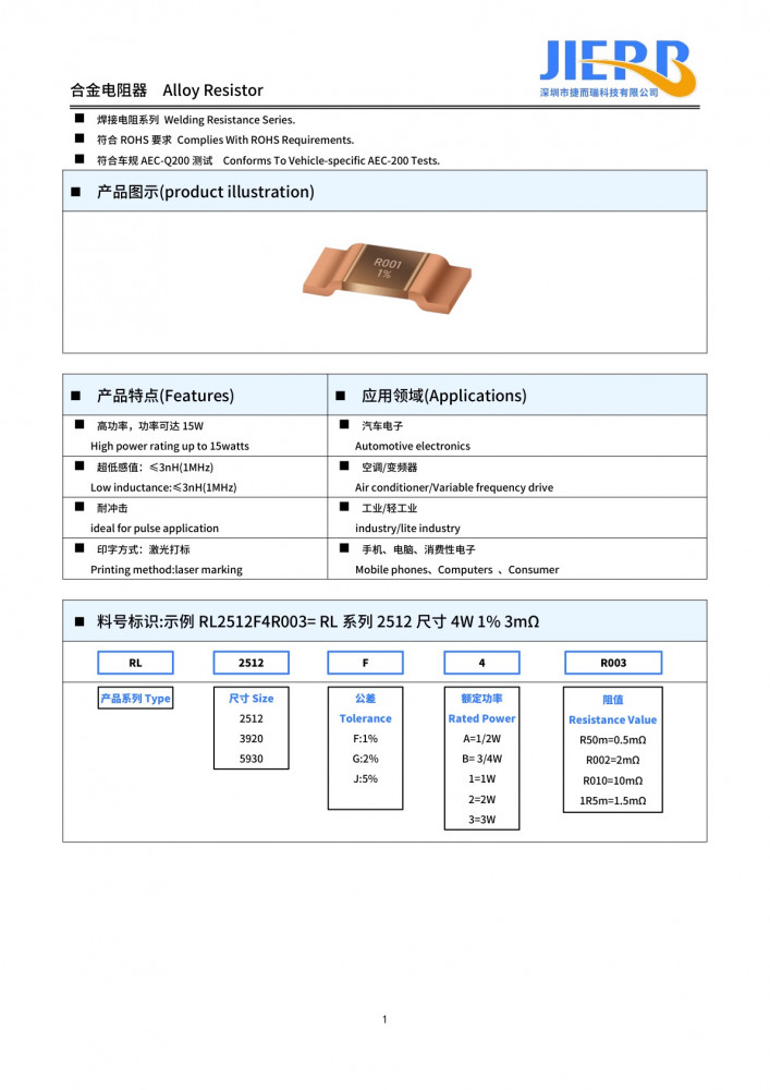 JIERR alloy resistor datasheet page 1
