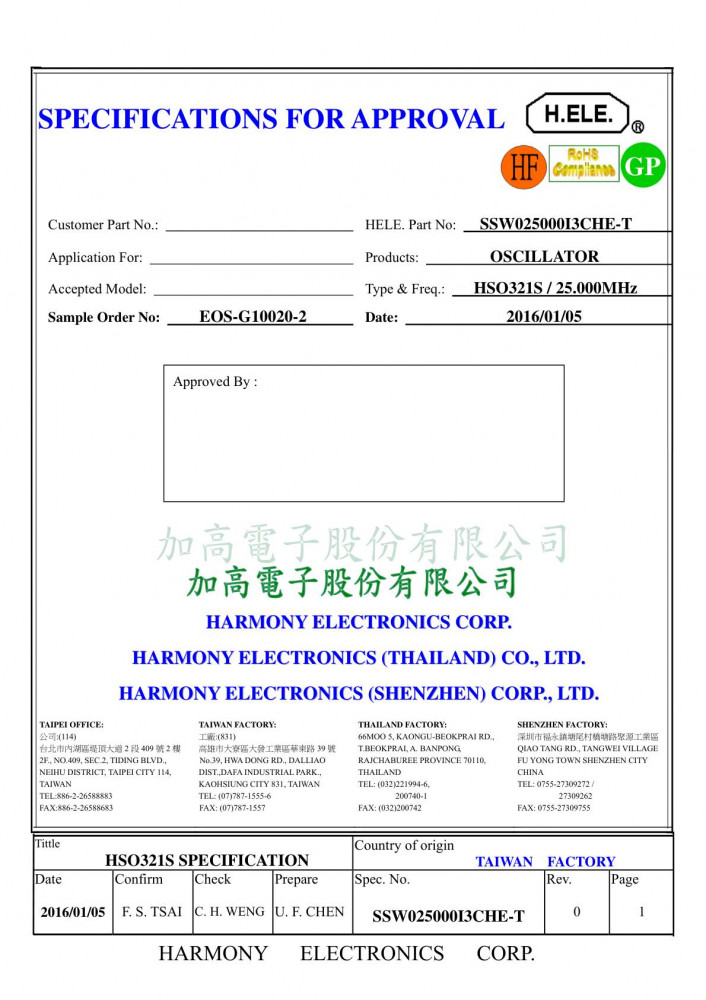 SSW025000I3CHE-T specification page 1
