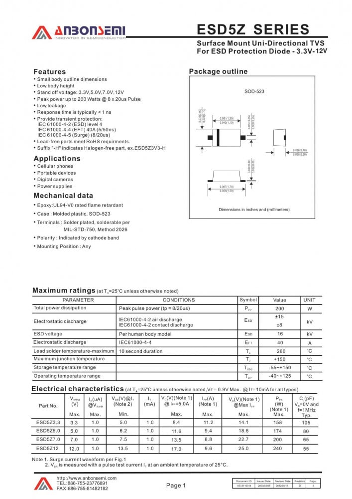 AnBon ESD5Z5.0 datasheet page 1